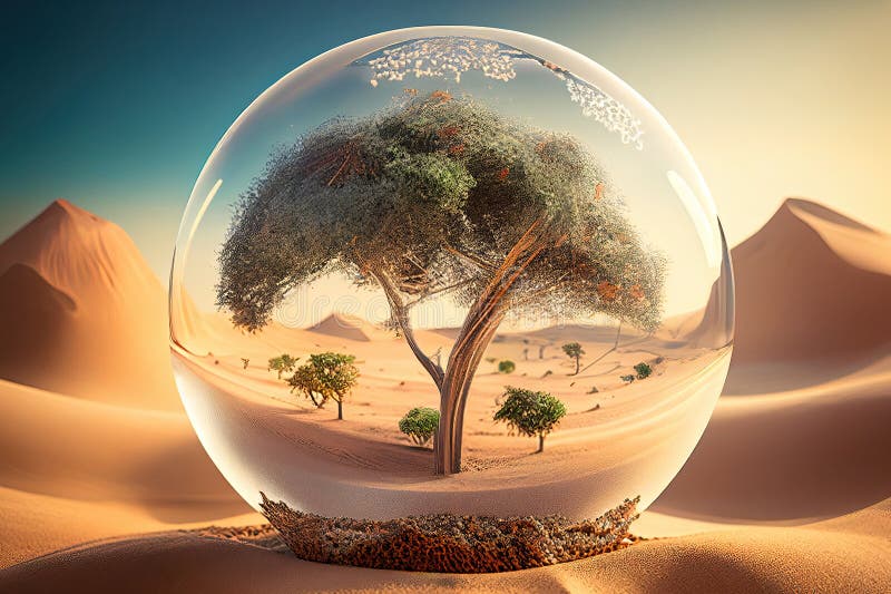 Green Tree in Glass Globe in Sand Desert. Taking Care of the ...