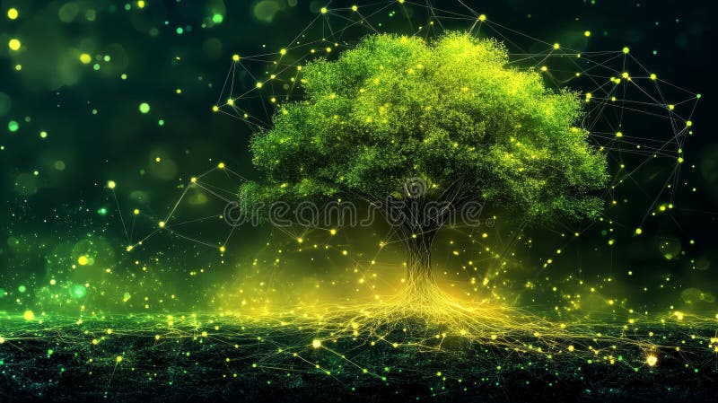 Green Tree with Glowing Digital Roots and Neuron Connections Against a ...