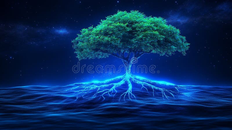 Green Tree with Glowing Digital Roots on a Night Background ...