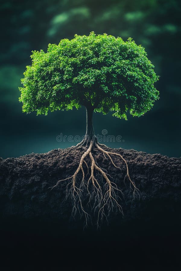 Green Tree with Glowing Neural Network Roots on Dark Background ...