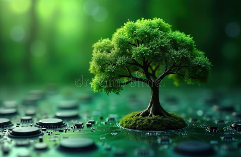 Green Tree Growing on Circuit Board. Eco-friendly Tech Concept ...