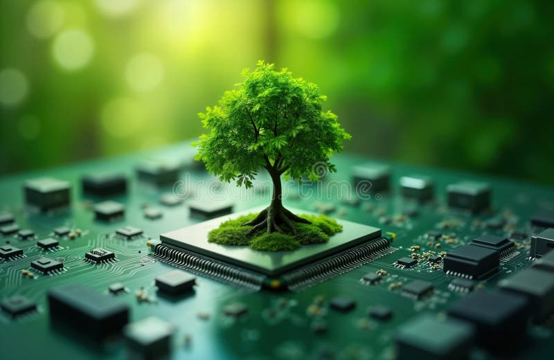 Green Tree Growing on Computer Circuit Board. Eco-friendly Tech Concept ...