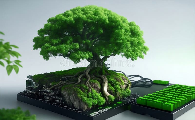 Green Tree Growing on Computer Motherboard, Generative AI Illustration ...
