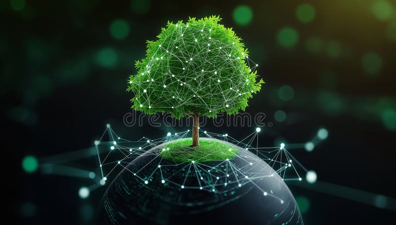 Green Tree Growing on Digital Globe Symbolizing Nature and Technology ...