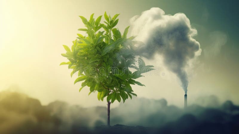 Green Tree Growing Environmental Problem Alert with Chemical Plant ...