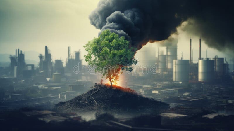 Green Tree Growing Environmental Problem Alert with Chemical Plant ...