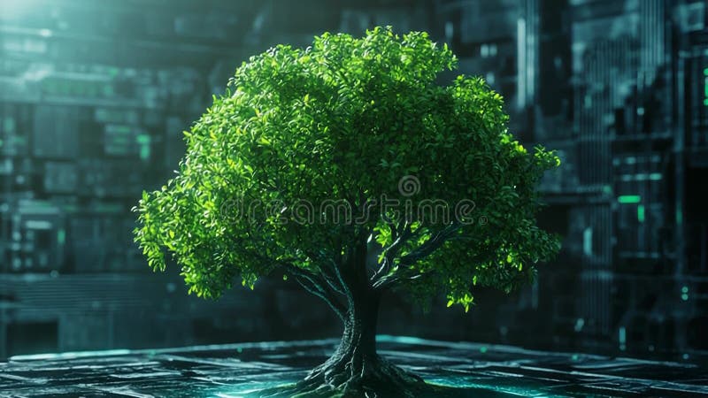 Green Tree Growing Inside Computer Server Room Symbolizing Nature and ...