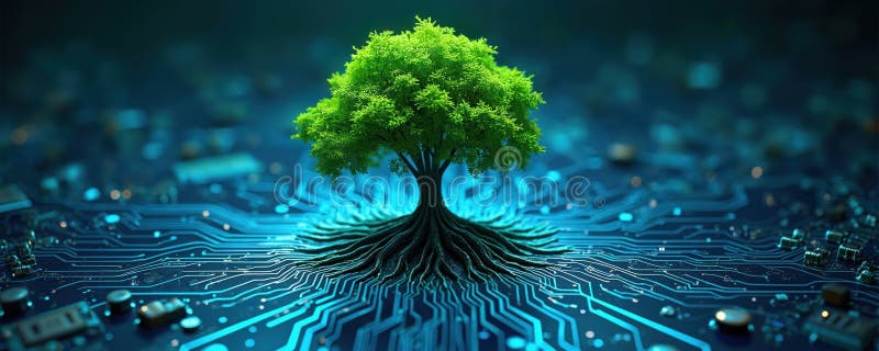 Green Tree Grows on Blue Circuit Board, Roots Spread. Tech Meets Nature ...