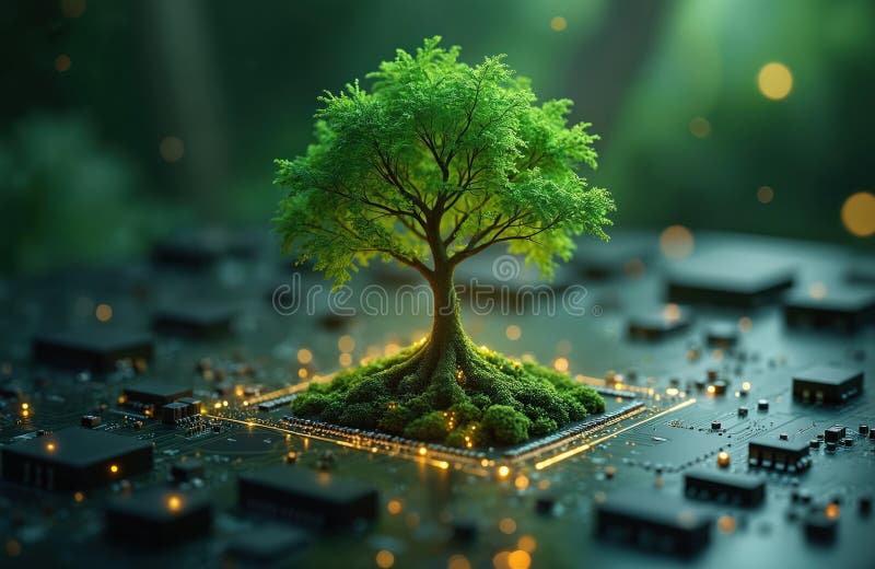 Green Tree Grows on Circuit Board. Eco-friendly Tech Concept. Green ...