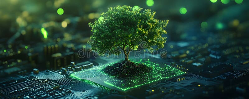 Green Technology Tree Growing on Circuit Board Sustainability Concept ...