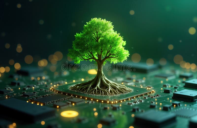 Green Tree Grows on Computer Circuit Board. Eco-friendly Tech Concept ...