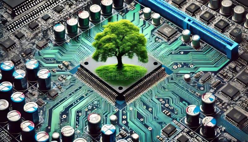 A Green Tree Grows from a Microchip on a Circuit Board, Merging Nature ...