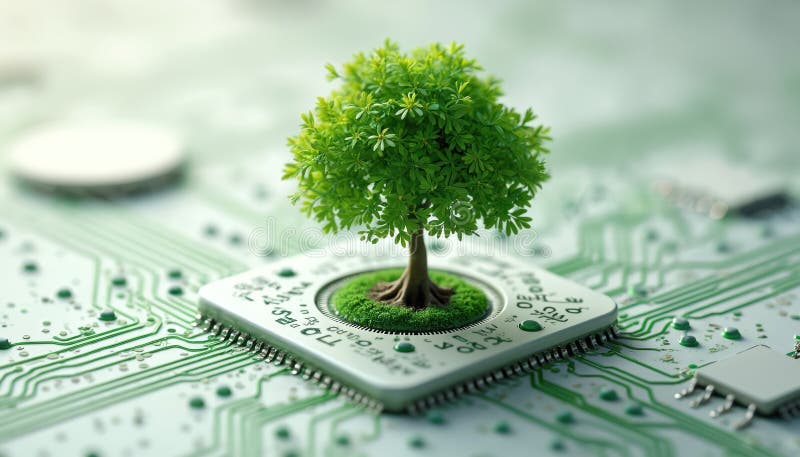Green Tree Grows from Microchip, Symbol of Tech Eco Integration ...
