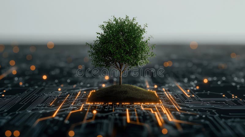 Green Tree Grows on Tech Circuit Board. Eco-friendly Tech Solutions for ...