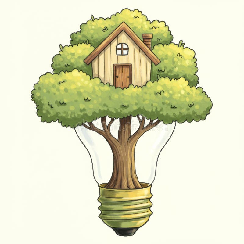 Green Tree House Inside Lightbulb Illustration Stock Illustration ...