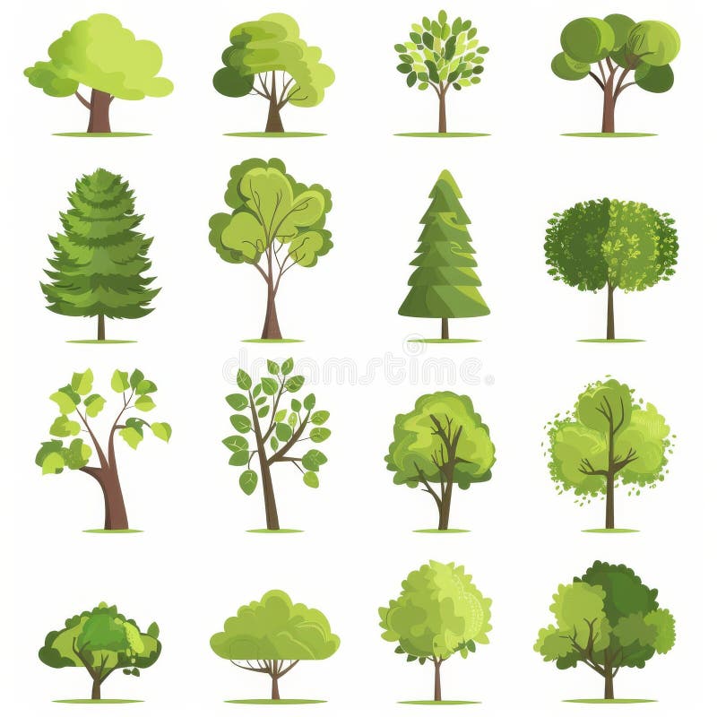 Green Tree Icon Set, Garden Trees Flat Design, Abstract Plant Symbol ...