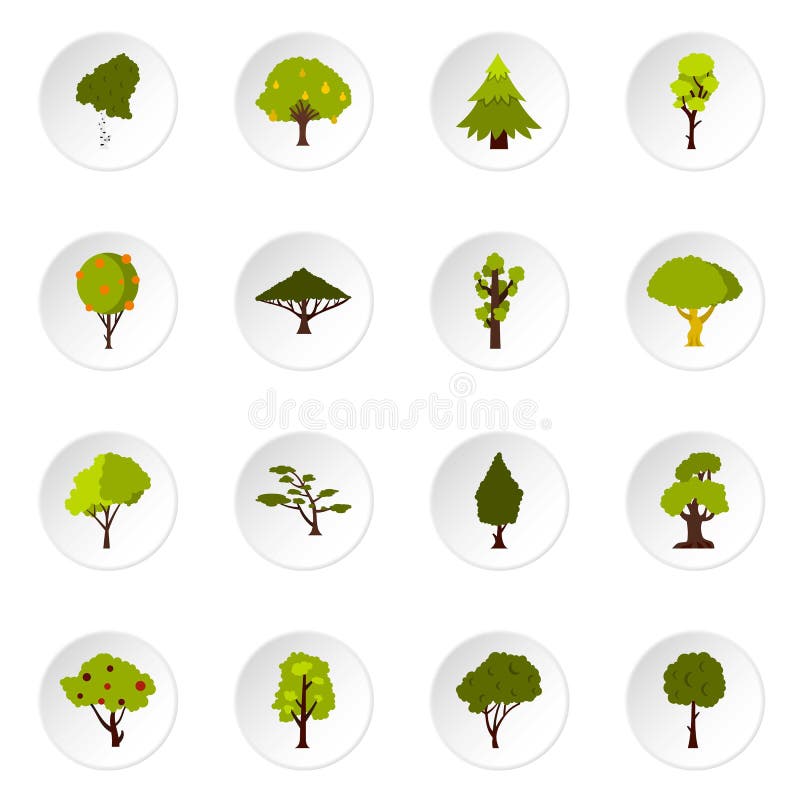 Green Tree Icons Set, Flat Style Stock Vector - Illustration of flat ...