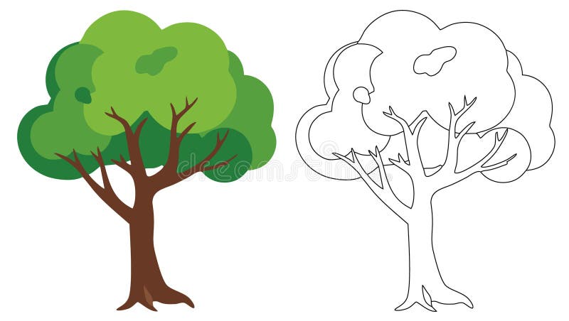 Green Tree Illustration with Coloring Page Outline Stock Illustration ...