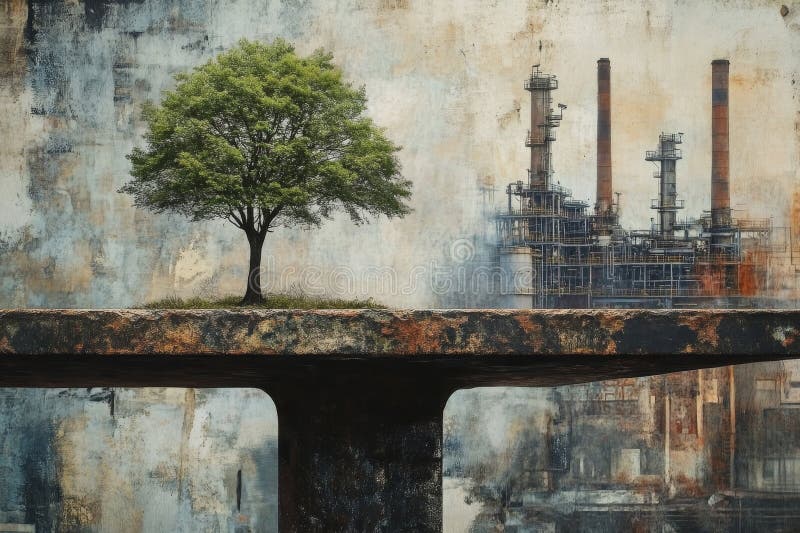 Green Tree on Industrial Platform Surrounded by Urban Landscape Stock ...