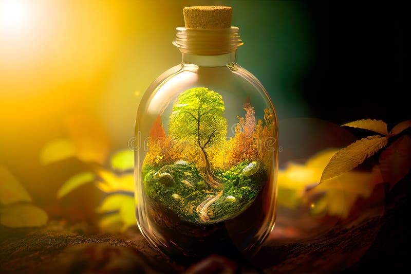 Green Tree Inside a Bottle with Sunlight on it. Stock Illustration ...