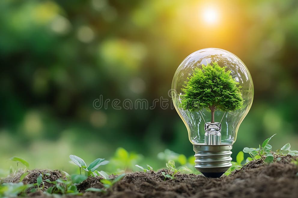 Green Tree Inside Lightbulb on Soil Stock Illustration - Illustration ...