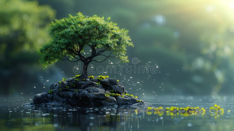 A Green Tree on an Island of the Lake. Environmental Concept Stock ...