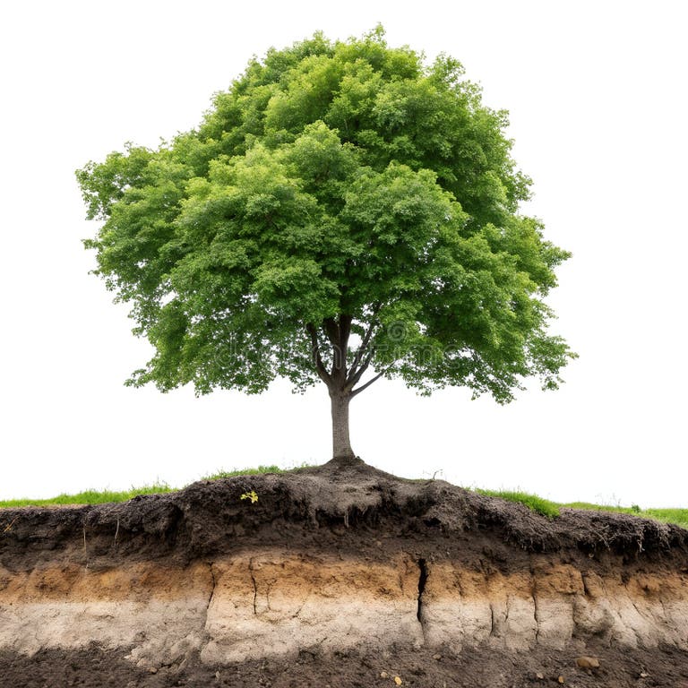 Green Tree on Land with Soil Layers Isolated on White Background Stock ...
