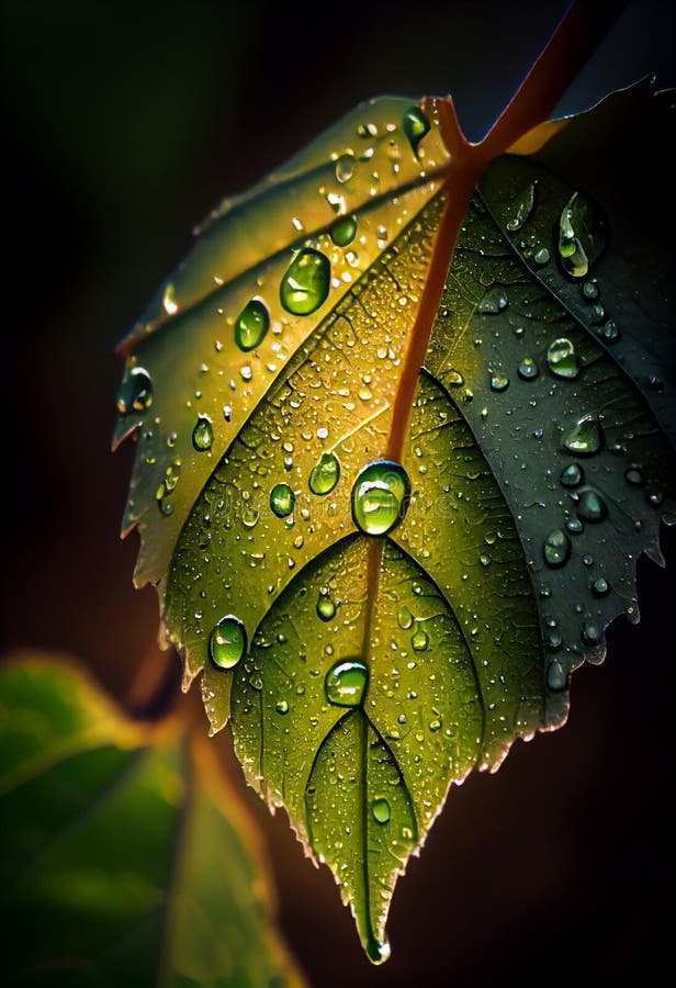 Green Tree Leaf with Dew Drops. AI Generated Stock Illustration ...