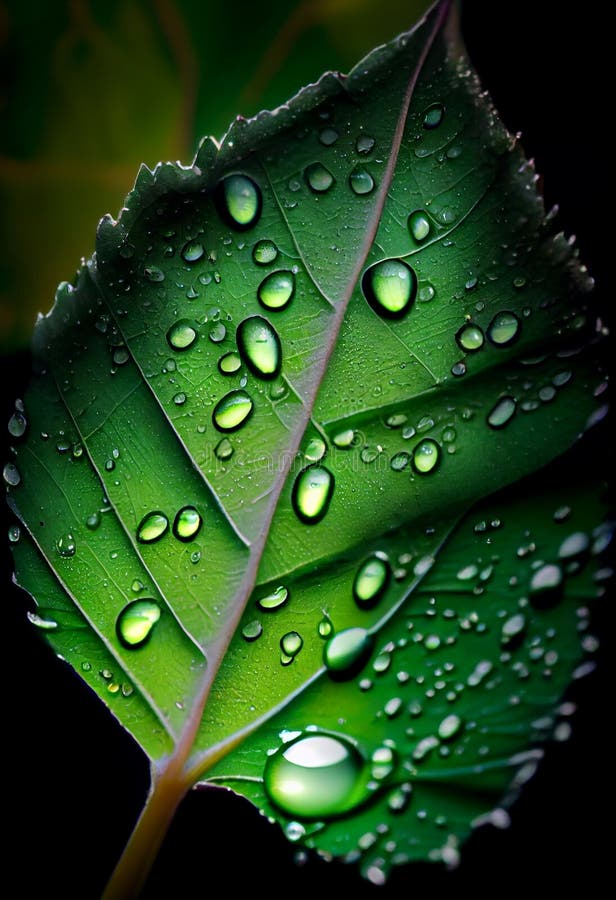 Green Tree Leaf with Dew Drops. AI Generated Stock Image - Image of ...