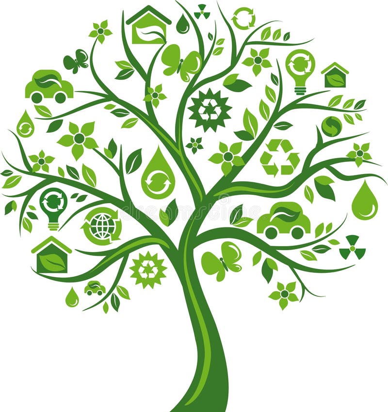 Green Tree with Many Environmental Icons Stock Vector - Illustration of ...