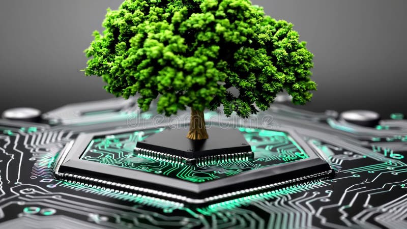 Green Tree on Microchip Circuit Board, Technology and Nature Concept ...