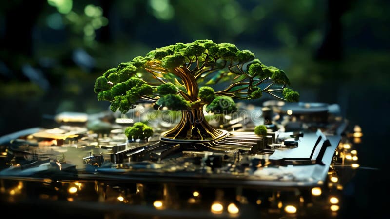 Green Tree on Microcircuit Board. Biotechnology and Science Concept ...