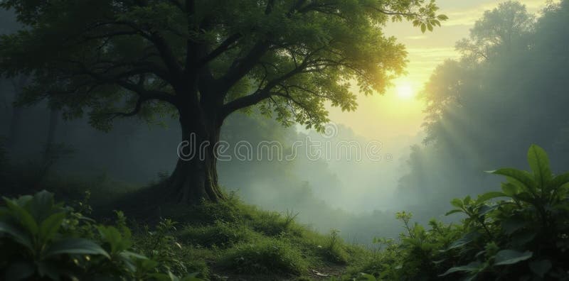 Green Tree with Misty Atmosphere in the Jungle at Dawn, Dawn, Mist ...