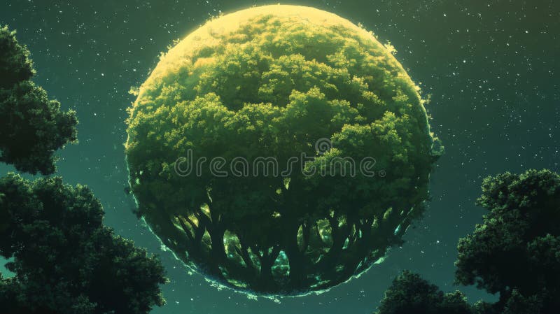 Green Tree Planet at Night with Stars Stock Illustration - Illustration ...