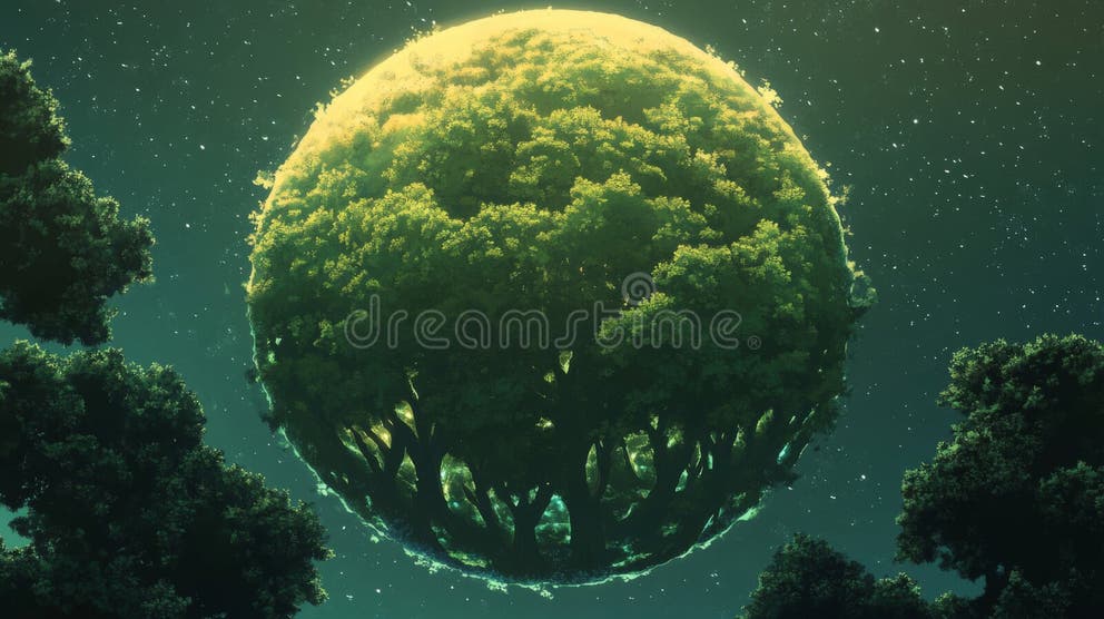 Green Tree Planet at Night with Stars Stock Illustration - Illustration ...