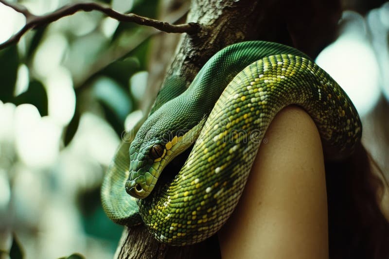 Green Tree Python Gracefully Coiled Around a Branch in a Lush ...