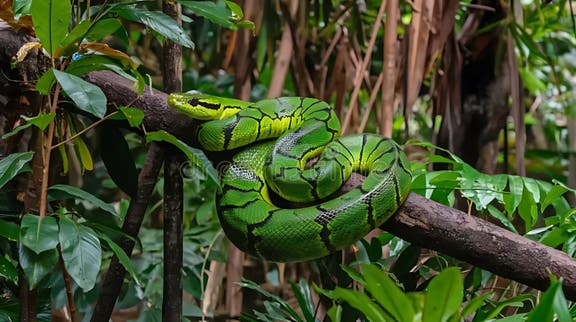 Green Tree Python Coiled Around a Tree Branch in a Lush, Tropical ...