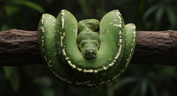 Green Tree Python Coiled on Branch Looking at Camera in Jungle Stock ...