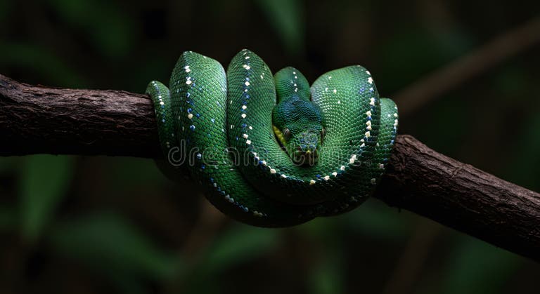 Green Tree Python Coiled on Branch: a Stunning Close-Up of Emerald ...