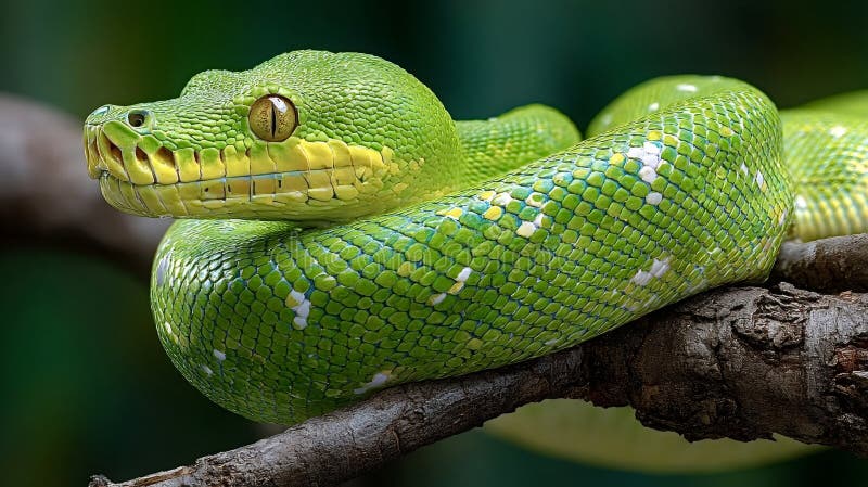 Green Tree Python Resting on a Branch: Showing Its Scales and Yellow Mouth Stock Photo - Image ...