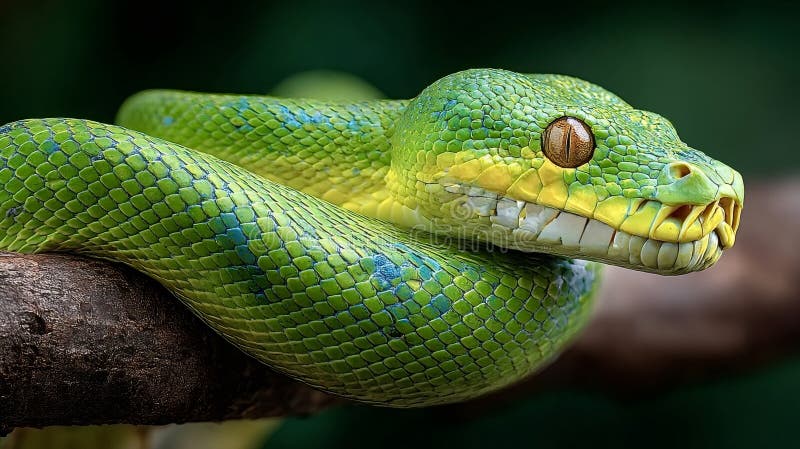 Green Tree Python Resting on a Branch: Showing Its Scales and Fangs Stock Photo - Image of ...