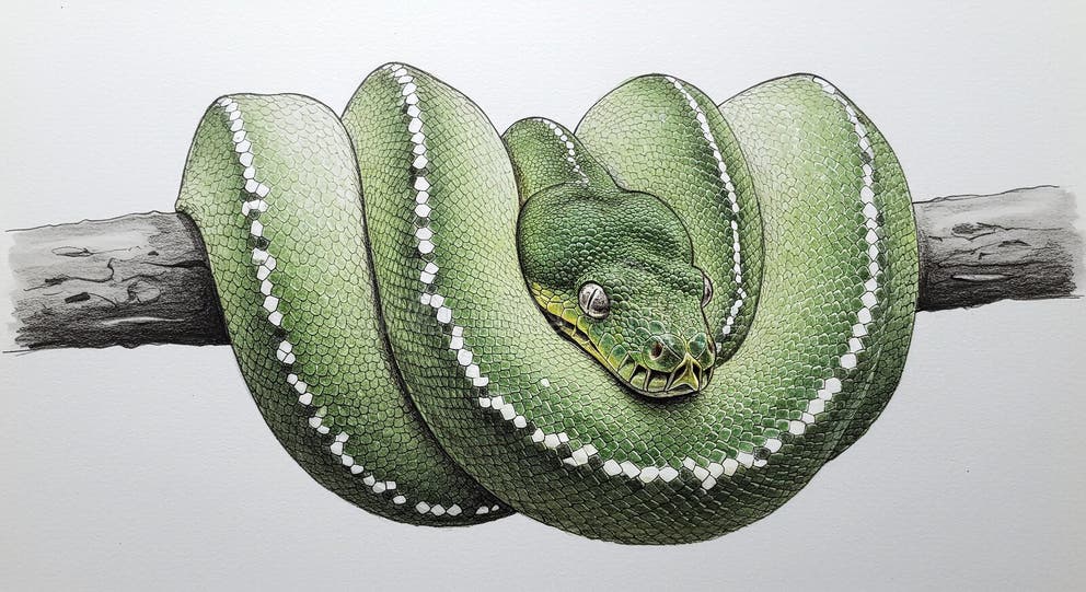 Green Tree Python Resting on Branch Detailed Wildlife Illustration ...