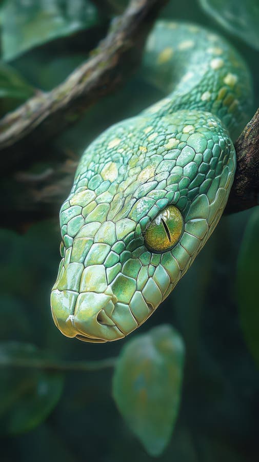 Green Tree Python Resting on a Branch among Lush Foliage in a Tropical ...