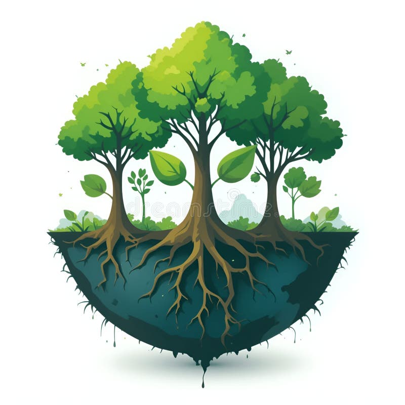 Green tree with roots stock illustration. Illustration of grass - 380030061