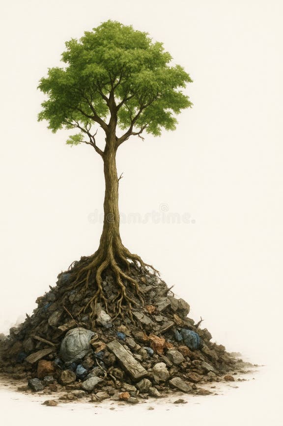A Green Tree with Roots Grows on a Pile of Garbage. Stock Photo - Image ...