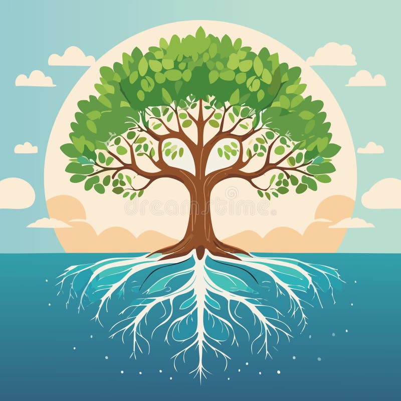 Green Tree with Roots in the Sea. Vector Illustration Stock Vector ...