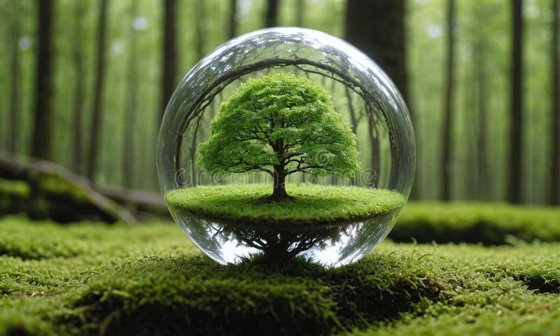 A Green Tree Seen through the Lens Ball. a Lens Ball on Green Moss ...