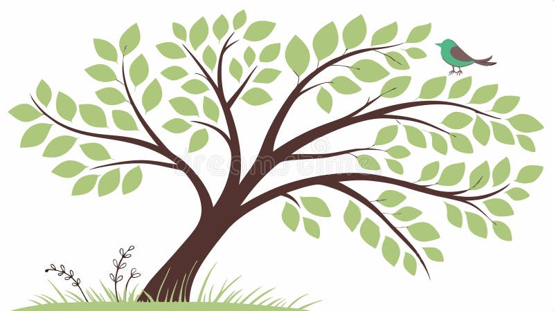 Green Tree with Small Bird, Nature Growth Environment Illustration ...