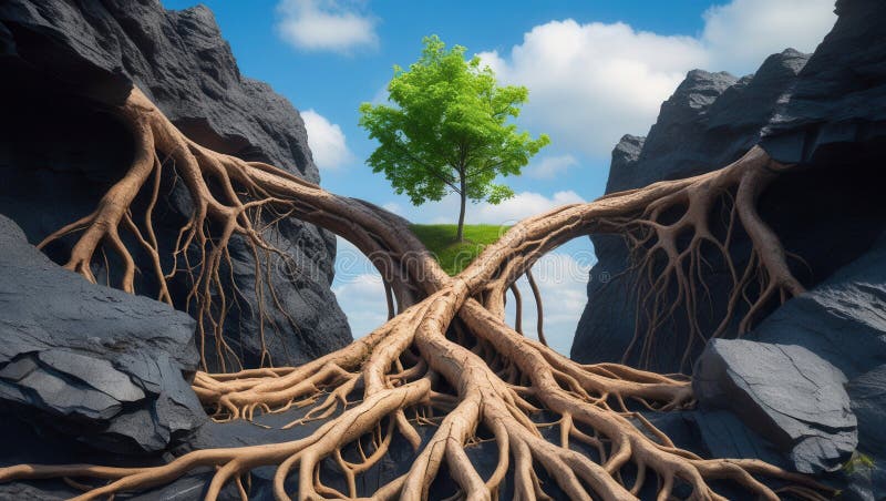 Green Tree with Extensive Roots Growing between Rocky Cliffs Under a ...