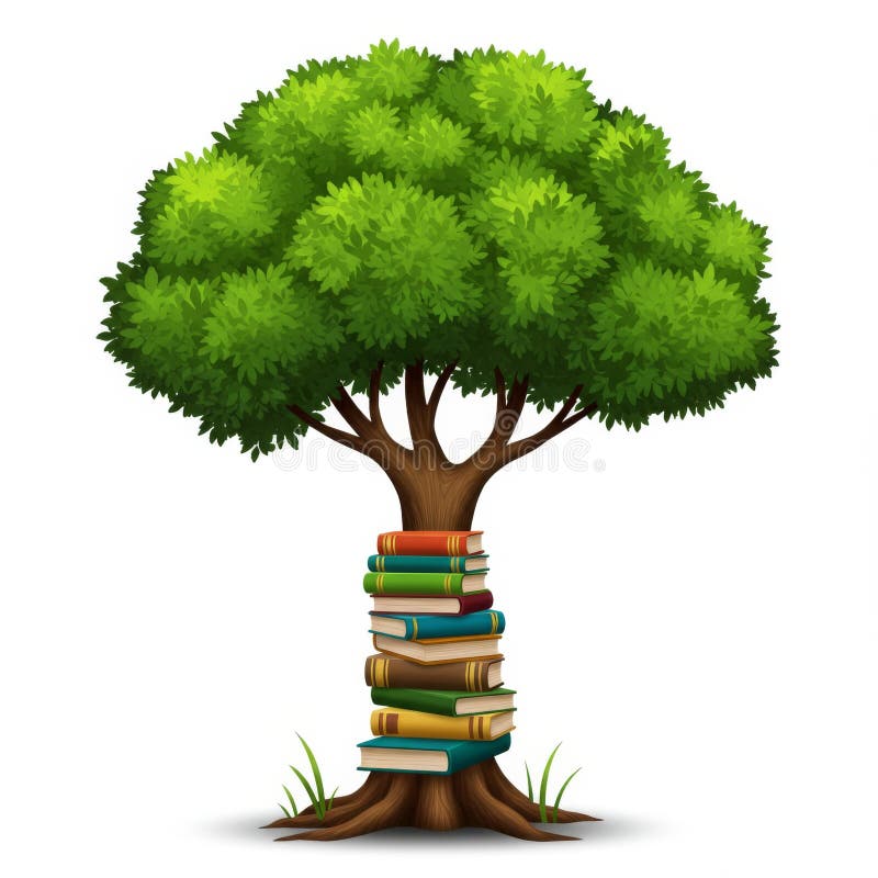 Green Tree with Stack of Colorful Books on White Background Stock ...